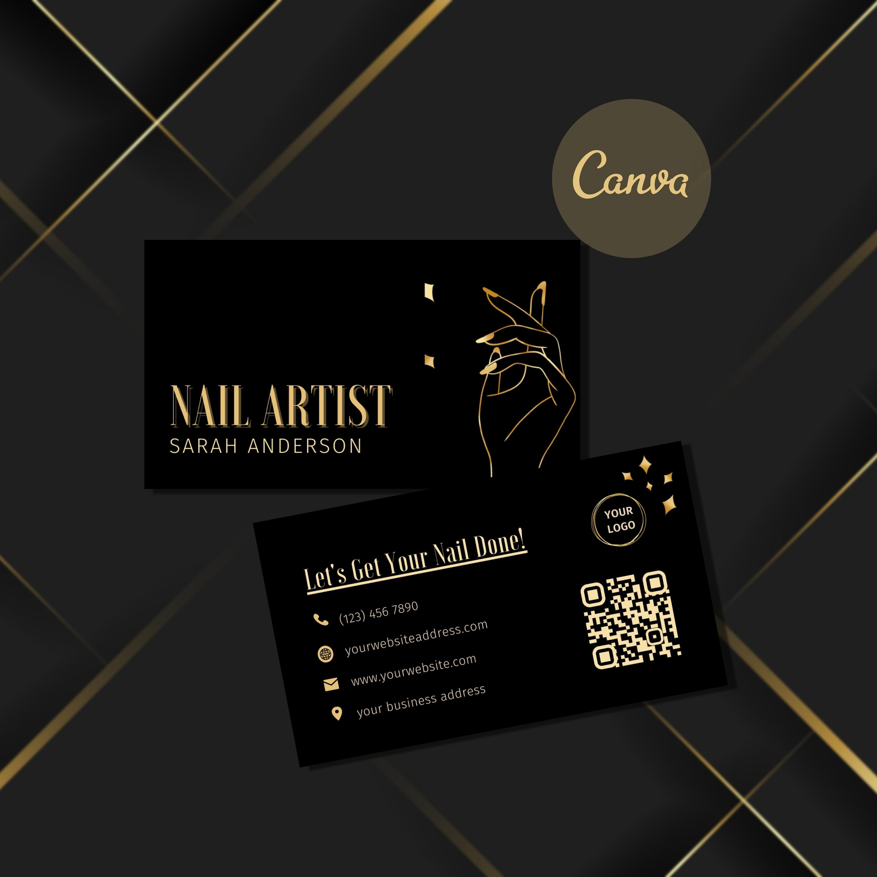 Gold Black Nail Tech Business Card Canva Template, Editable Nail Salon ...