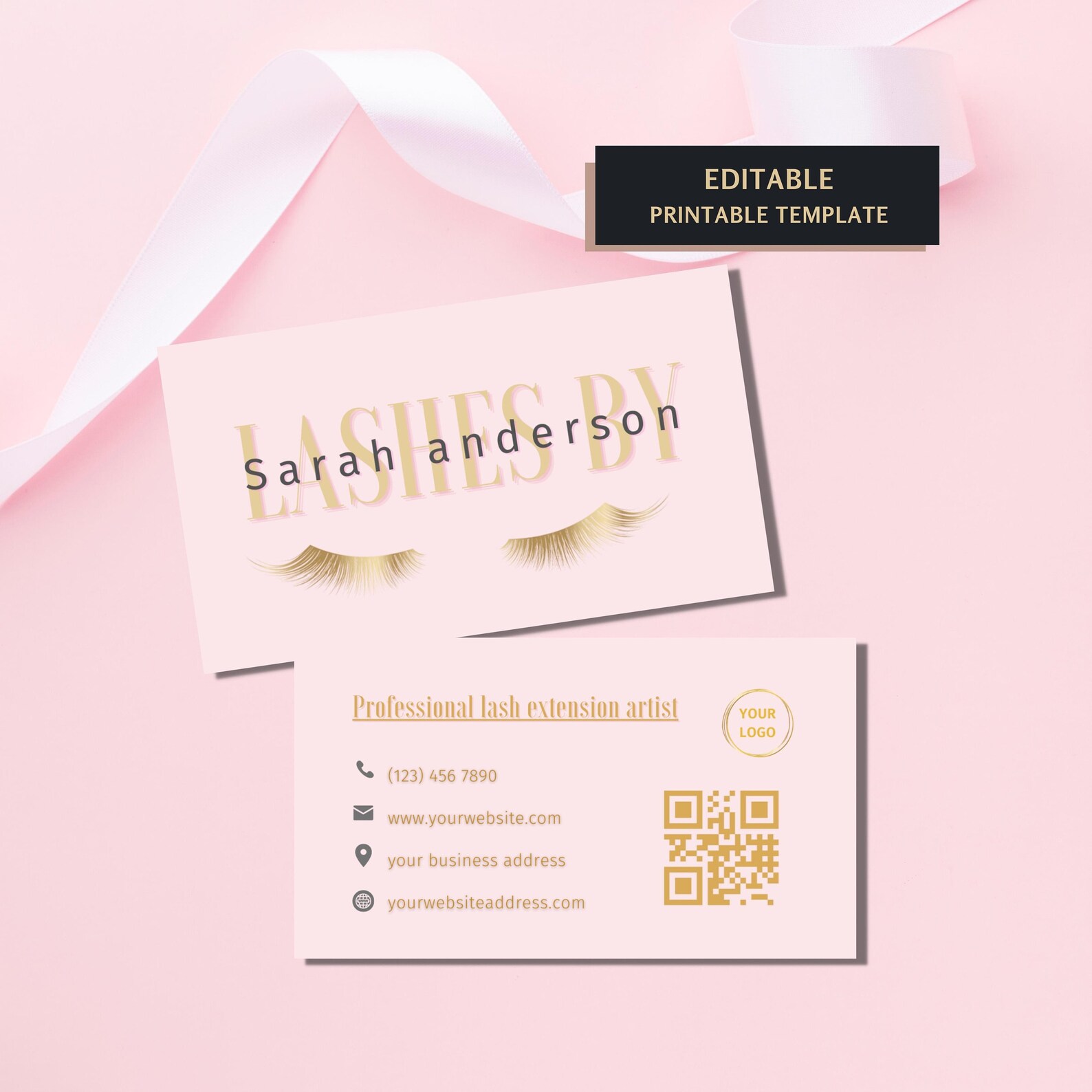 Blush Pink Lash Extension Business Card Template, Modern Feminine ...