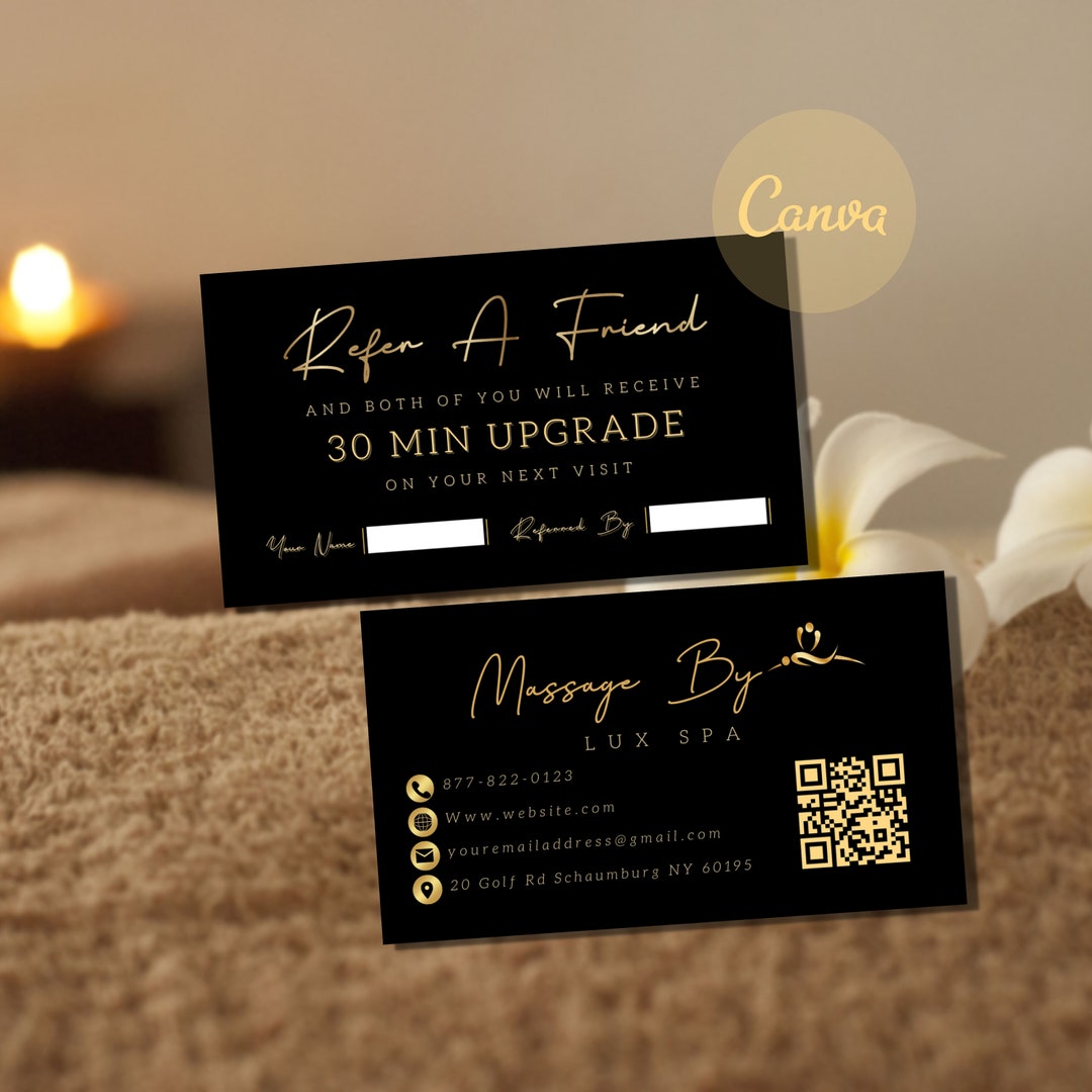 Custom Massage Business Card for Massage Therapy Black Refer A Friend ...