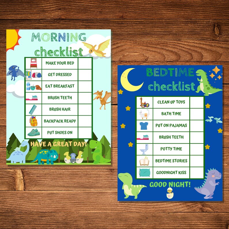 MORNING AND BEDTIME Checklist Dinosaur Morning Routine Checklist ...