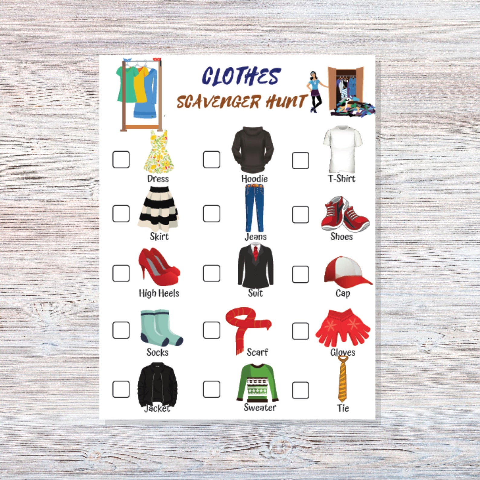 Clothes Scavenger Hunt - Printable - Outdoor Scavenger Hunt - Indoor ...