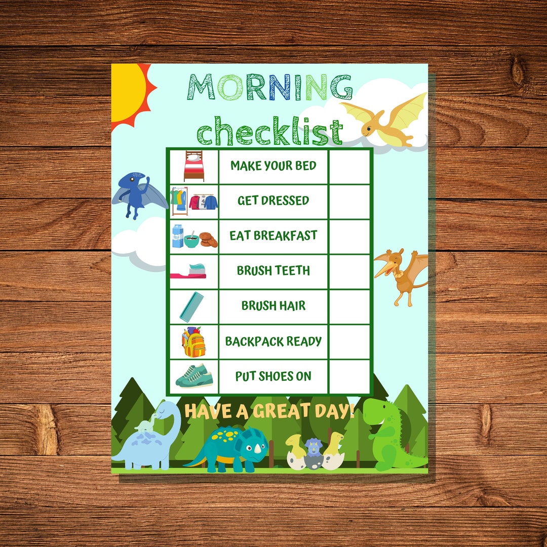 Kids Morning Checklist Dinosaur Chore Chart Kid Morning Routine ...