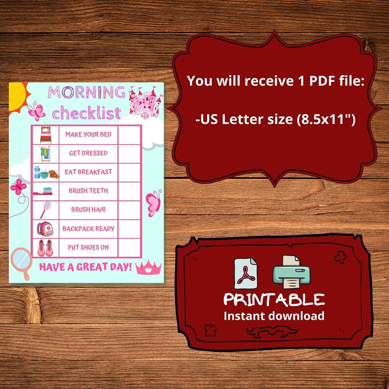 Kids Morning Checklist Princess Girls Chore Chart Kid Bedtime Routine ...