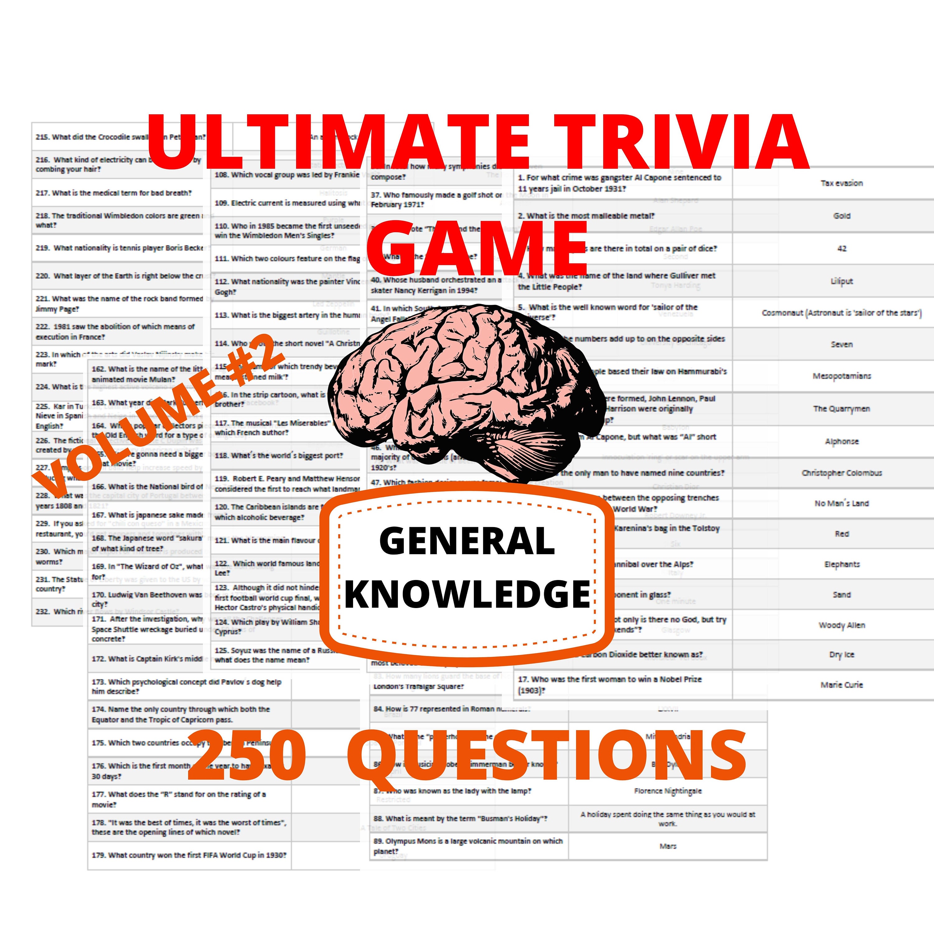 250 Trivia Questions general Knowledge Volume 2 Pub Quiz Trivia Night ...