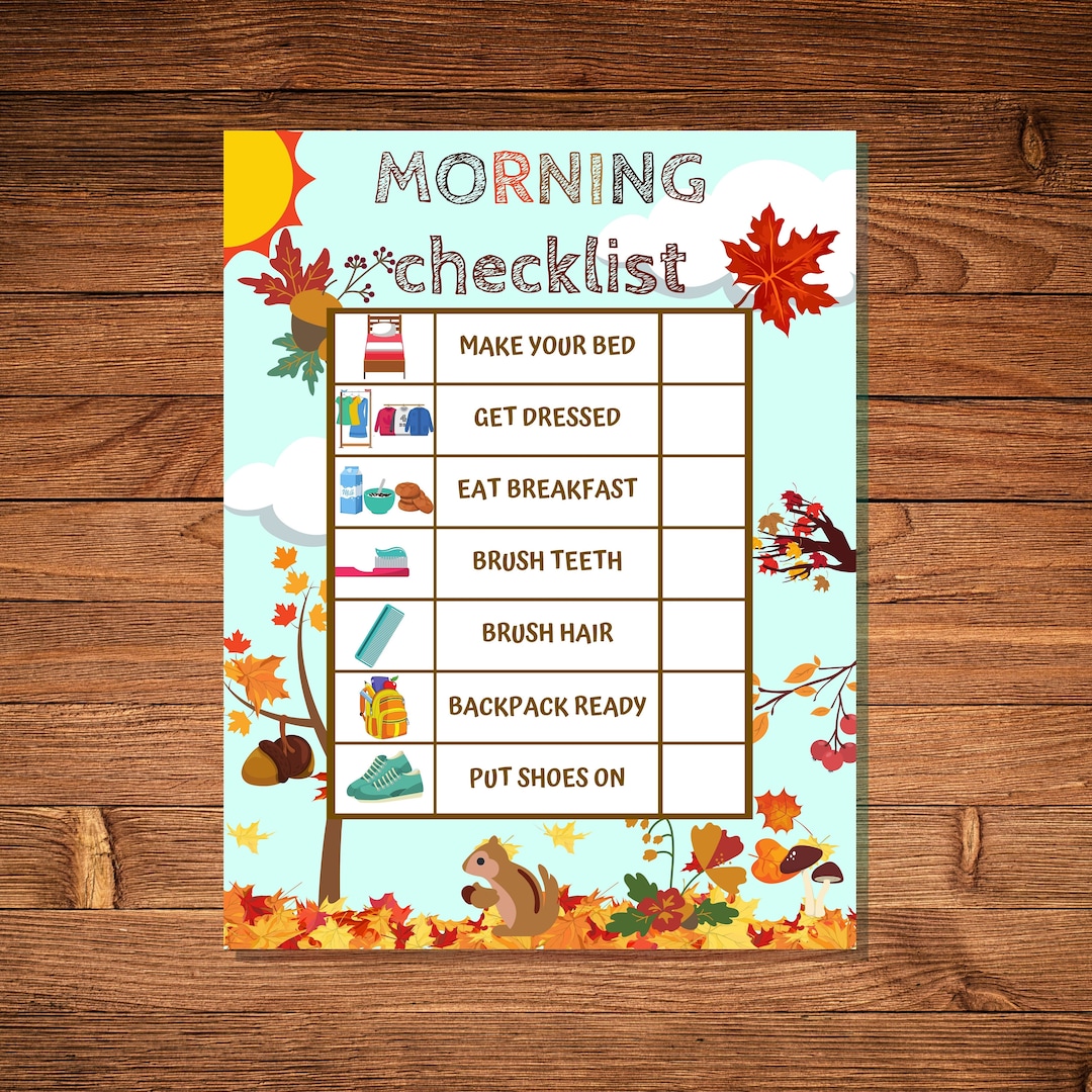 Kids Morning Checklist Fall Chore Chart Kid Morning Autumn Routine ...
