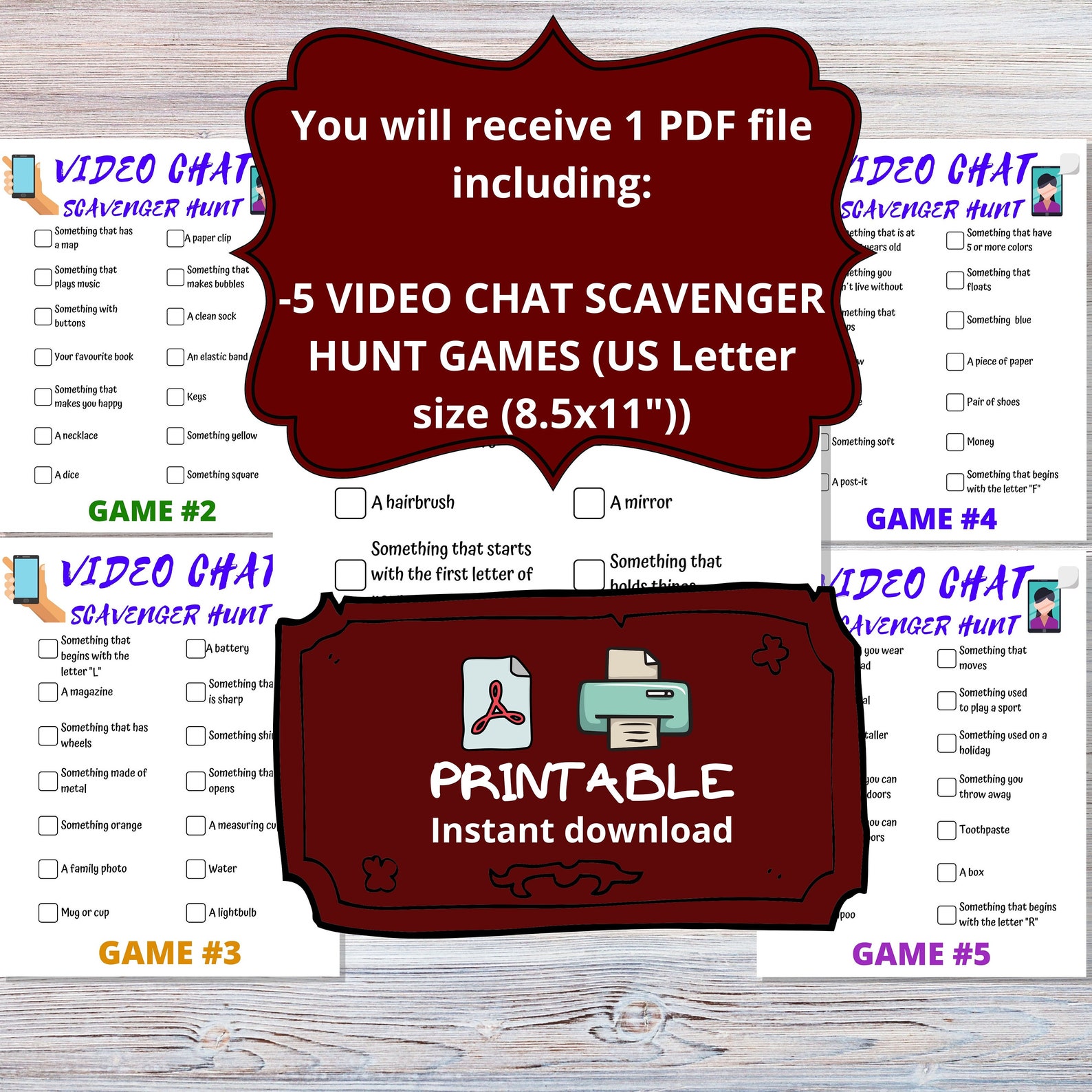 5X BUNDLE Video Chat Scavenger Hunt Bundle - Instant Download Printable ...