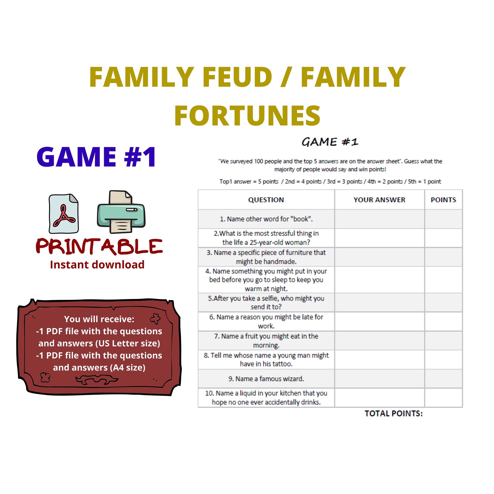 Game #1 Family Feud / Family Fortunes - Quiz Game - Pub Quiz - 10 ...