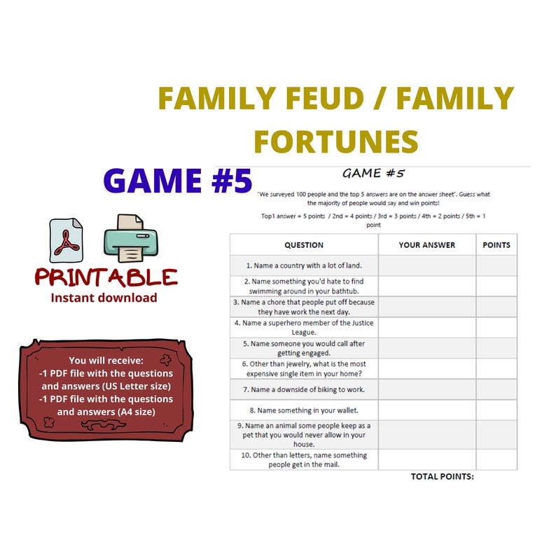 Game #5 Family Feud / Family Fortunes - Quiz Game - Pub Quiz - 10 ...