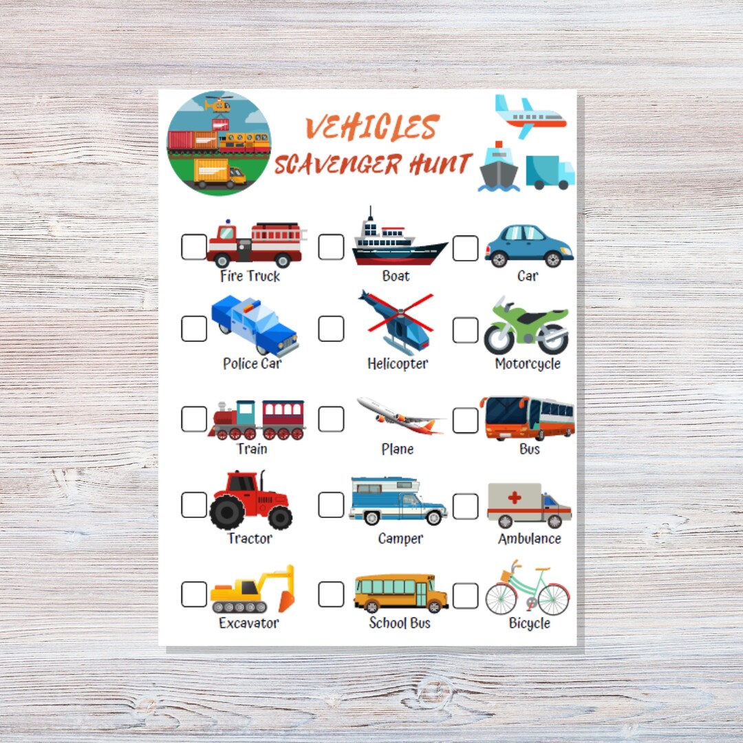 Vehicles Scavenger Hunt - Printable - Outdoor Scavenger Hunt Road Trip ...