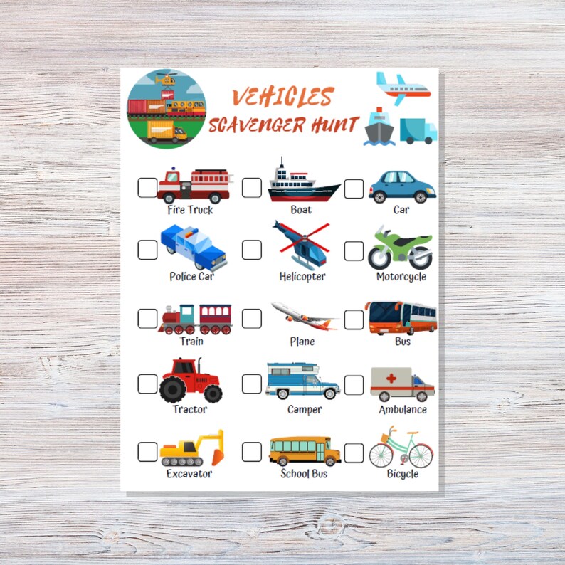 Vehicles Scavenger Hunt - Printable - Outdoor Scavenger Hunt Road Trip ...