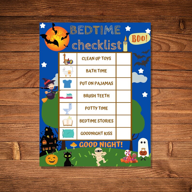 Halloween Kids Bedtime Checklist Chore Chart Kid Bedtime Routine ...