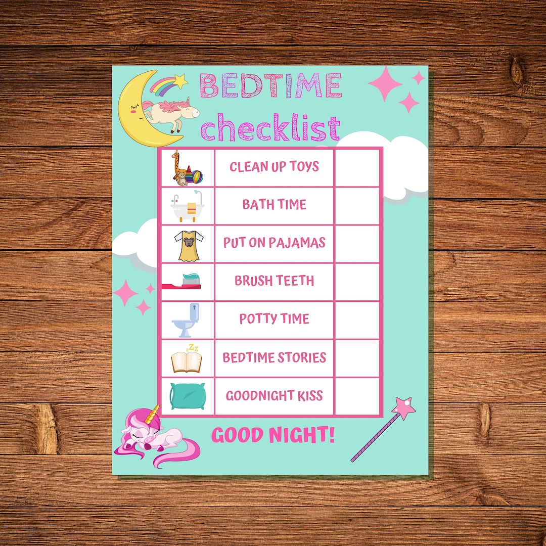 Kids Bedtime Checklist Unicorn Girls Chore Chart Kid Bedtime Routine ...