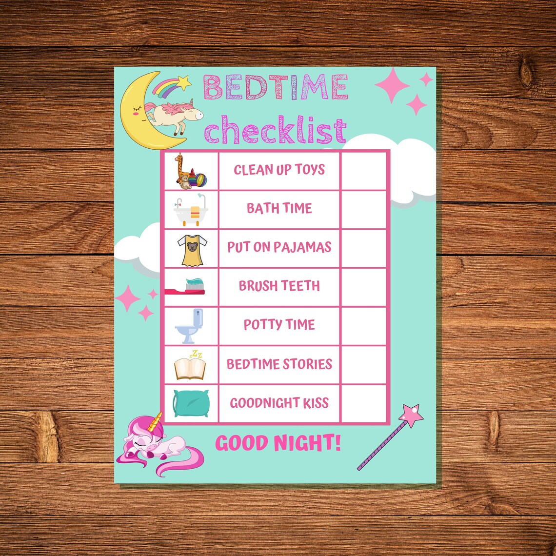Kids Bedtime Checklist Unicorn Girls Chore Chart Kid Bedtime Routine ...