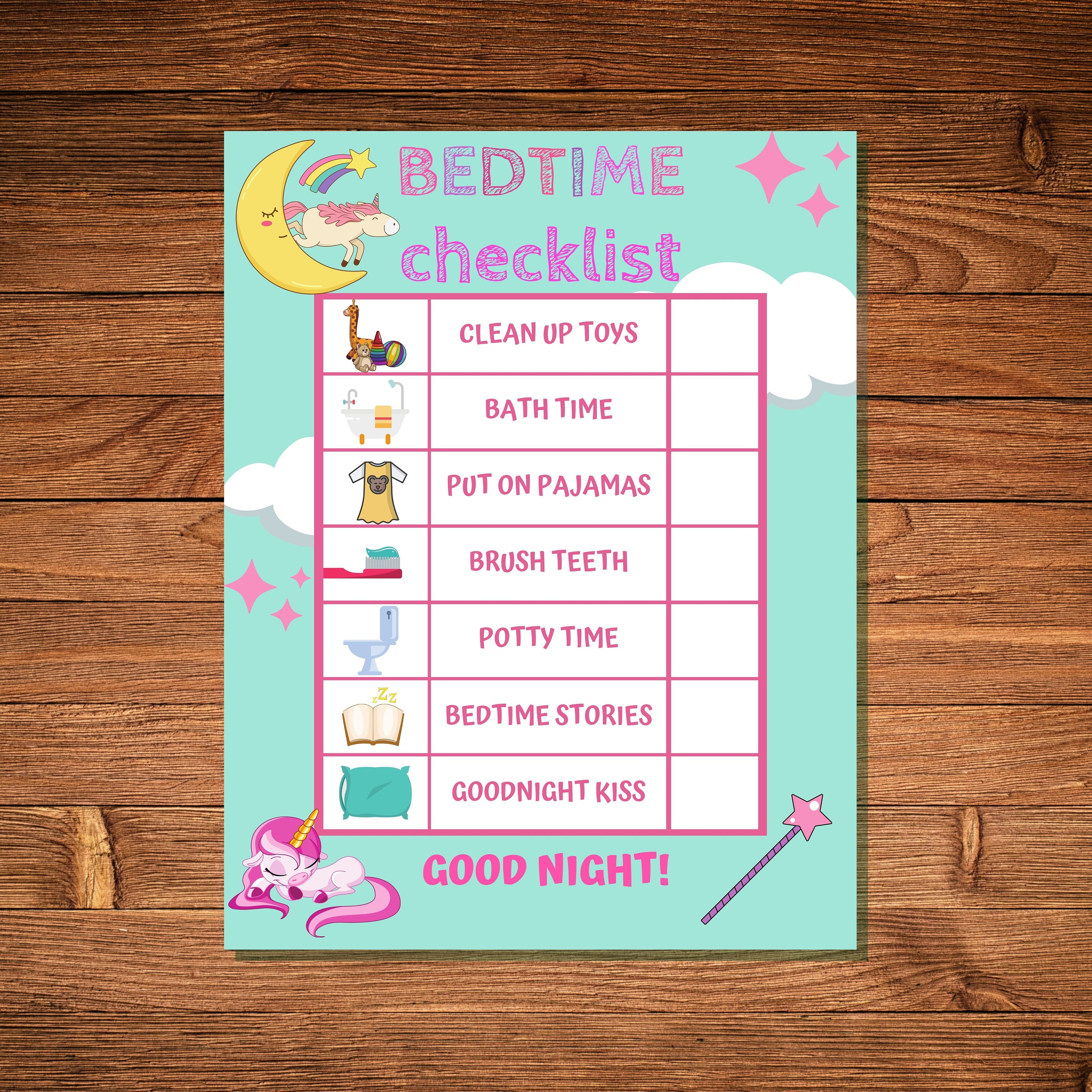 Kids Bedtime Checklist Unicorn Girls Chore Chart Kid Bedtime Routine ...