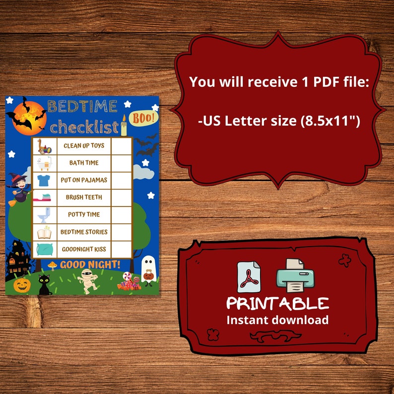 Halloween Kids Bedtime Checklist Chore Chart Kid Bedtime Routine ...