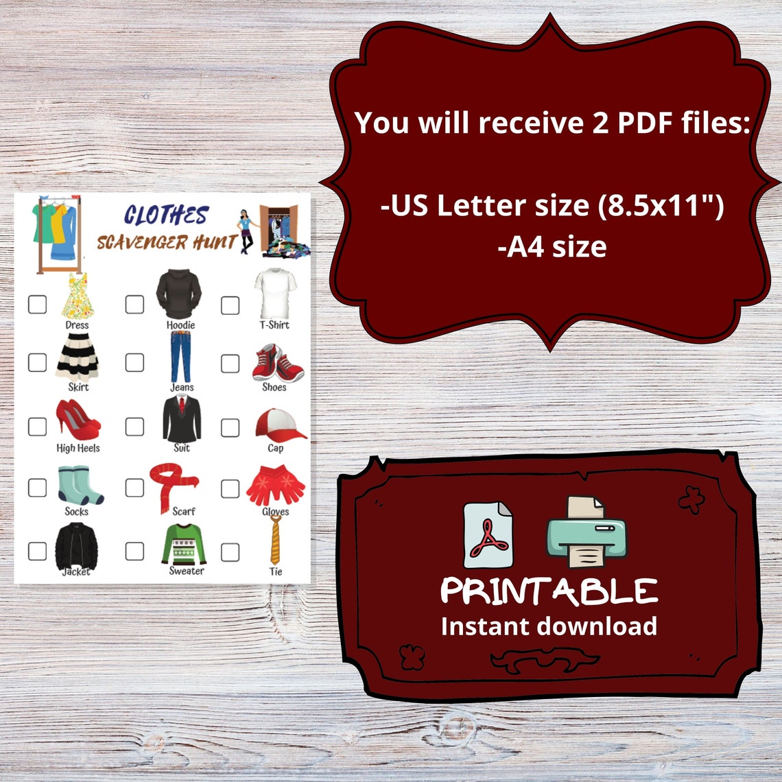 Clothes Scavenger Hunt - Printable - Outdoor Scavenger Hunt - Indoor ...