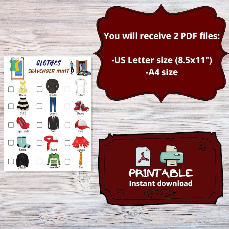 Clothes Scavenger Hunt - Printable - Outdoor Scavenger Hunt - Indoor ...