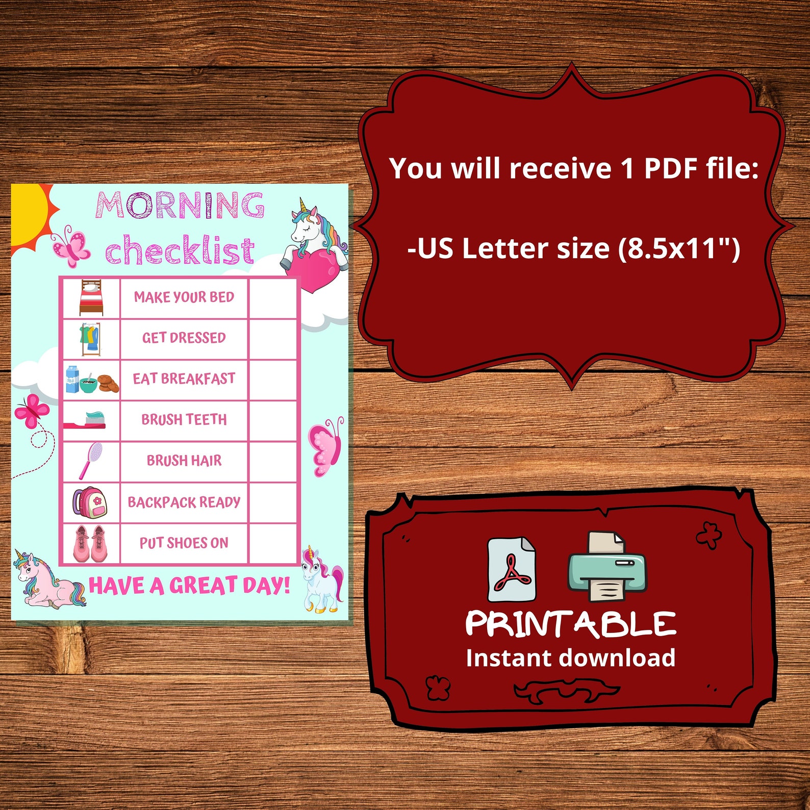 Girls Morning Checklist Unicorn Chore Chart Kid Morning Routine ...