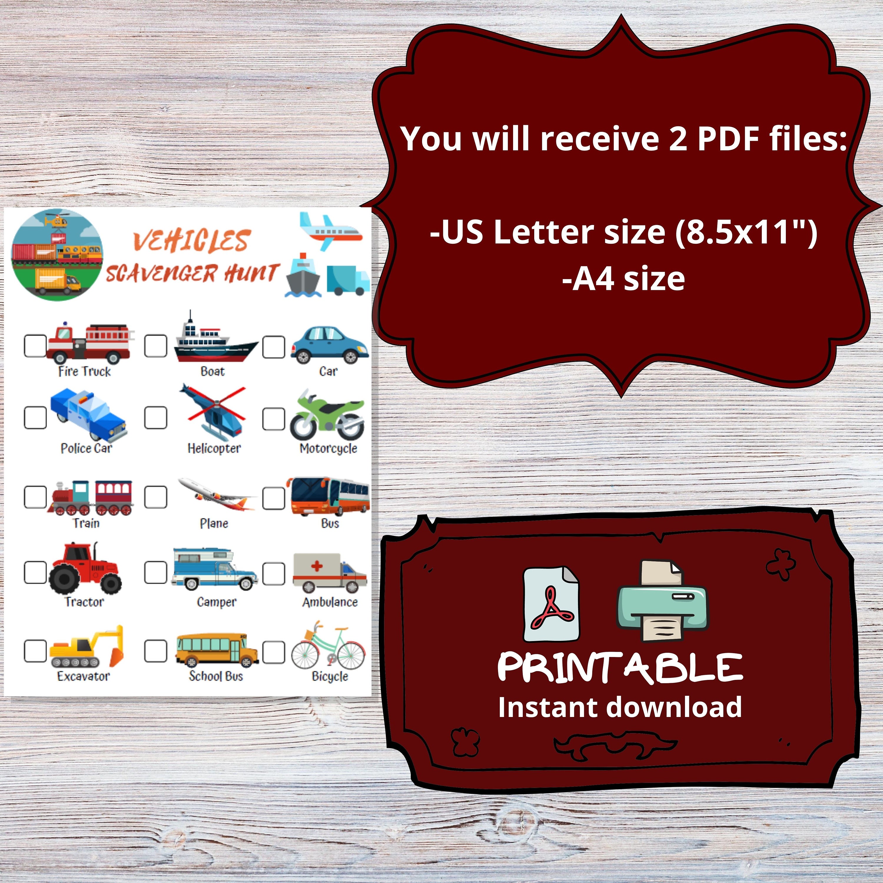 Vehicles Scavenger Hunt - Printable - Outdoor Scavenger Hunt Road Trip ...