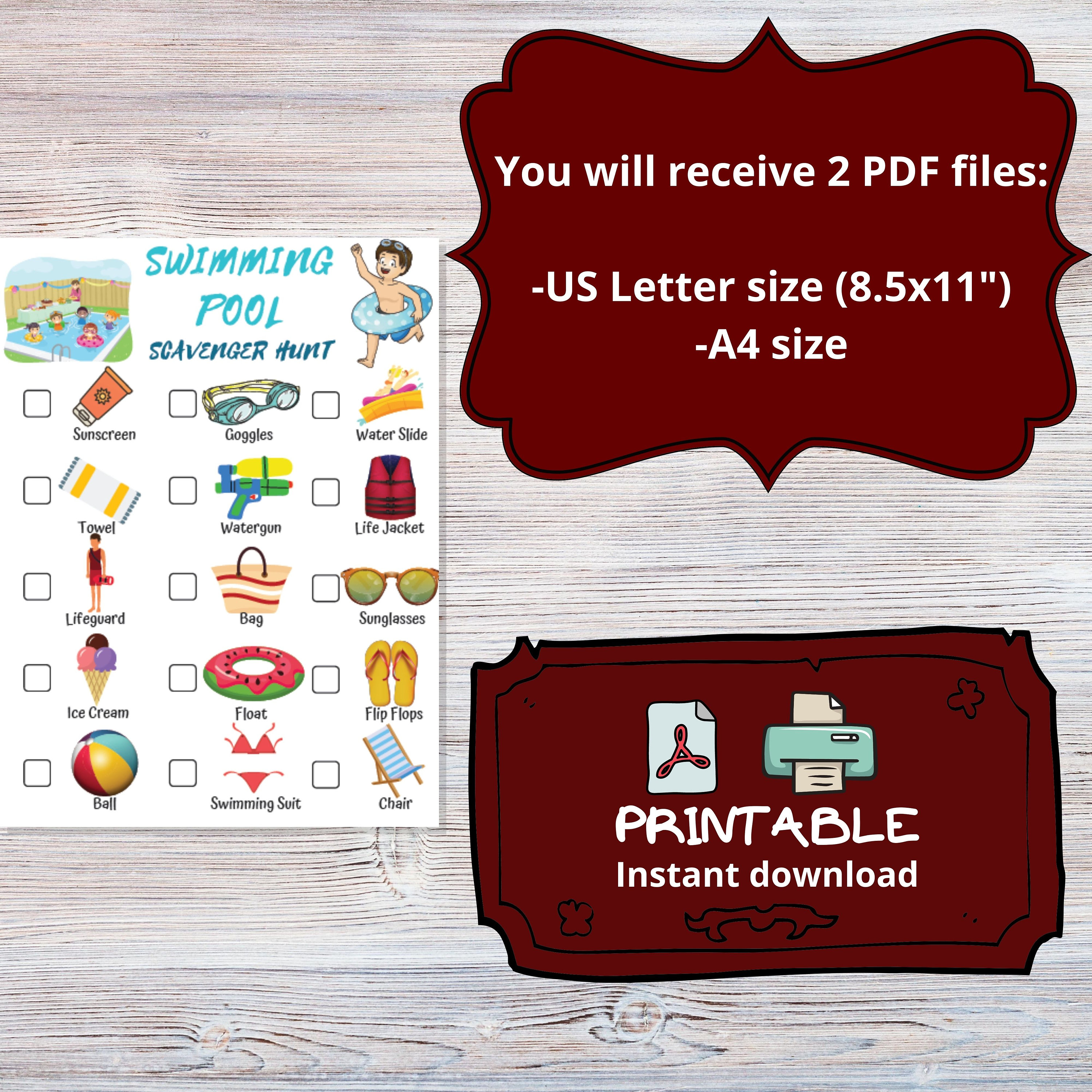 Swimming Pool Scavenger Hunt - Printable - Swimming Pool Games Camping ...