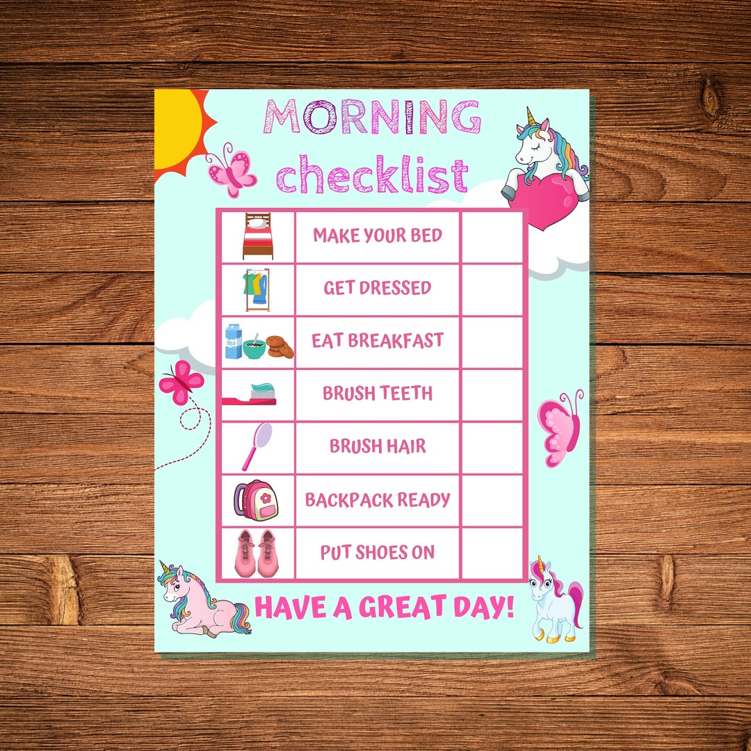 Girls Morning Checklist Unicorn Chore Chart Kid Morning Routine ...