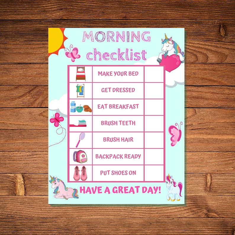 Girls Morning Checklist Unicorn Chore Chart Kid Morning Routine ...