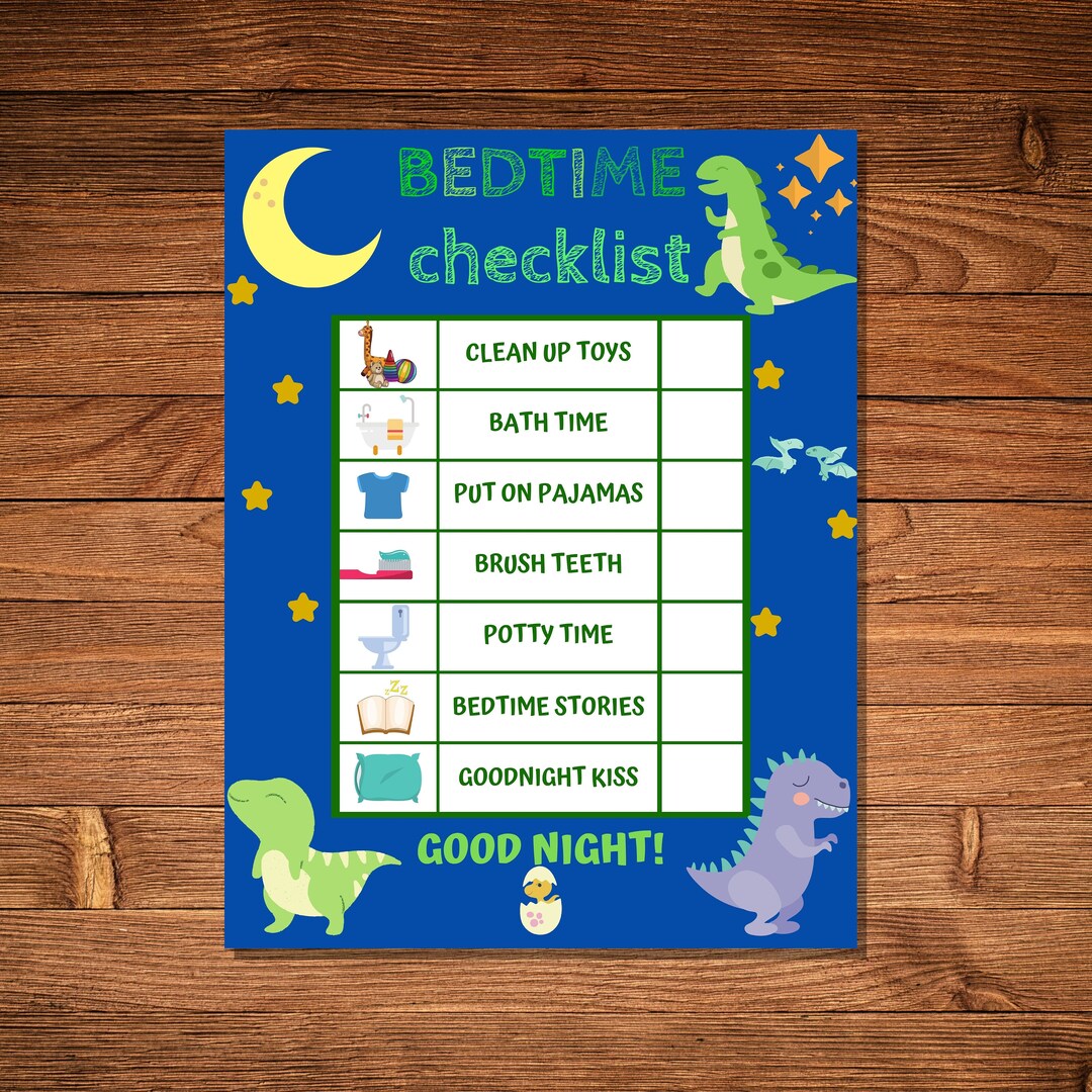 Kids Bedtime Checklist Dinosaur Chore Chart Kid Bedtime Routine ...