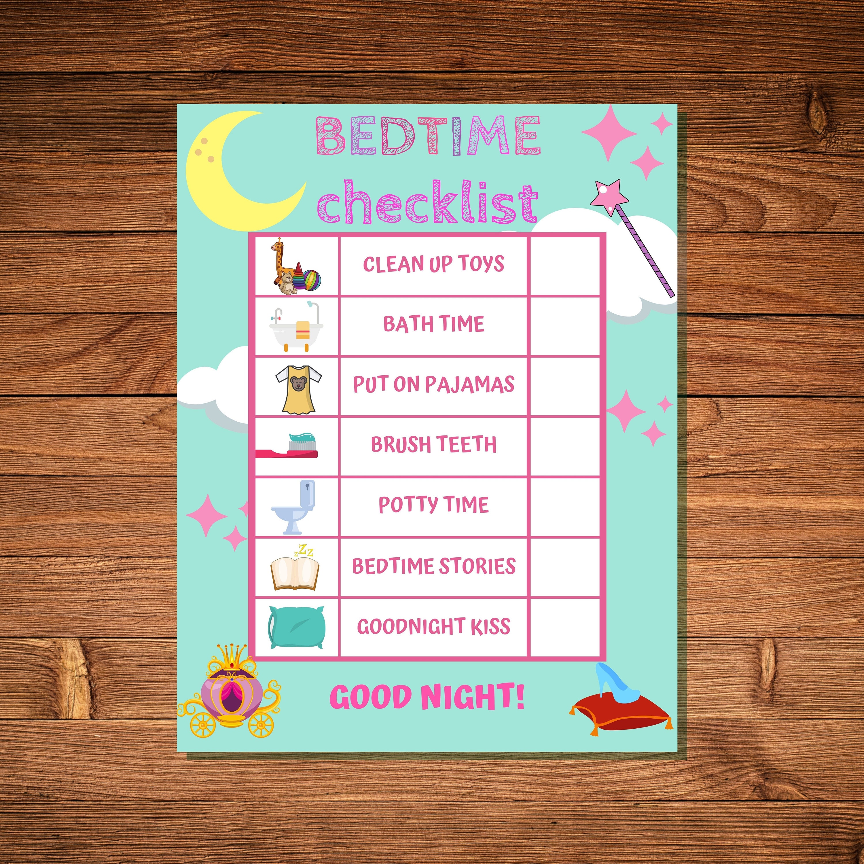 Girls Bedtime Checklist Princess Chore Chart Kid Bedtime Routine ...