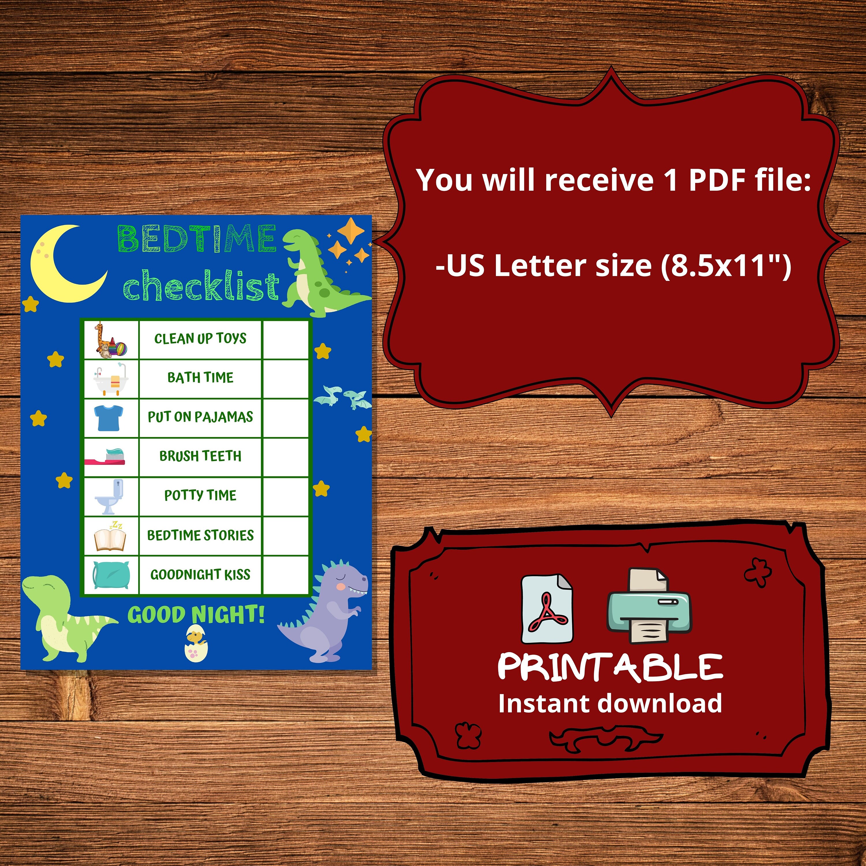 Kids Bedtime Checklist Dinosaur Chore Chart Kid Bedtime Routine ...