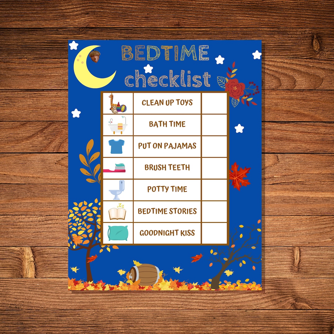 Kids Bedtime Checklist Fall Chore Chart Kid Bedtime Routine Autumn ...