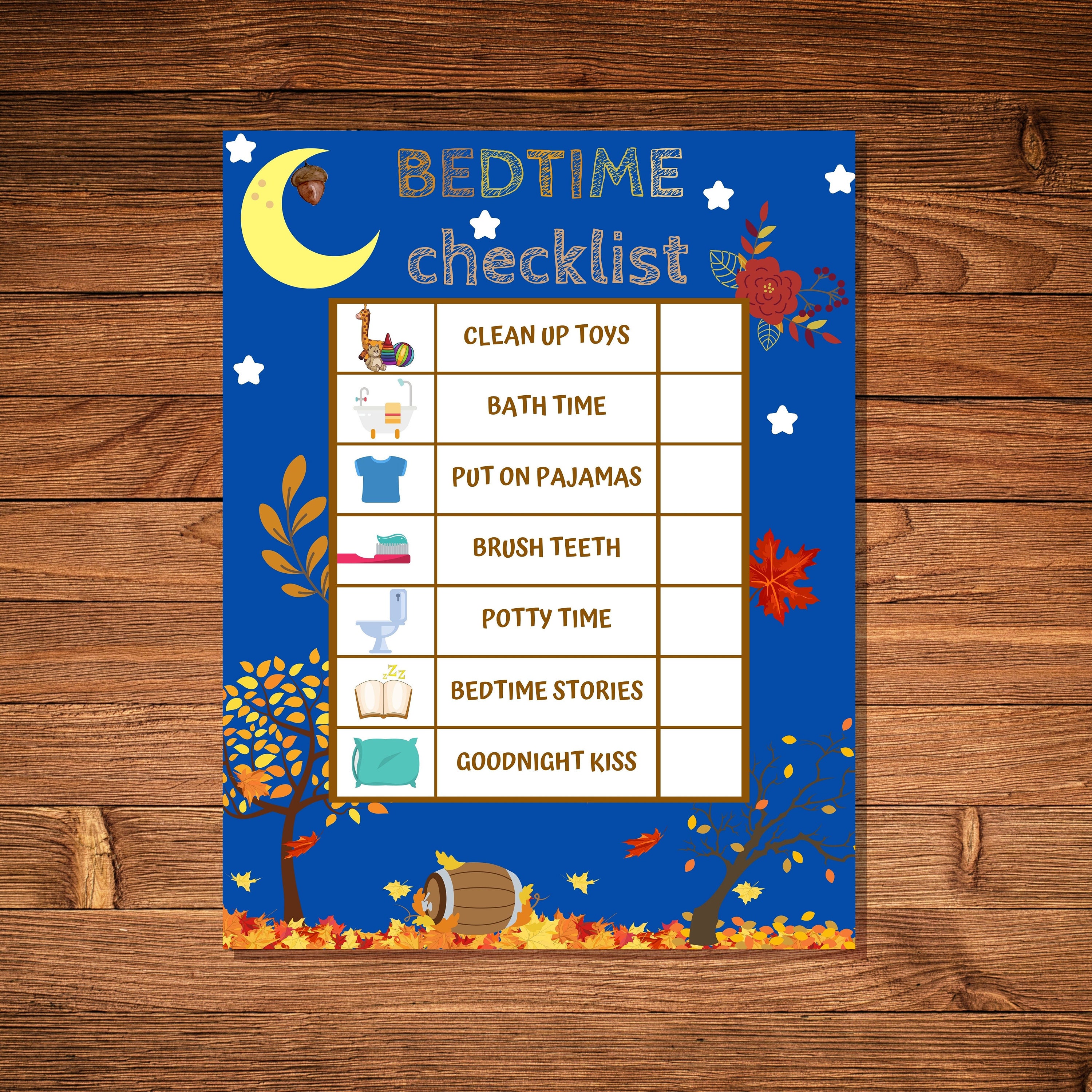 Kids Bedtime Checklist Fall Chore Chart Kid Bedtime Routine Autumn ...