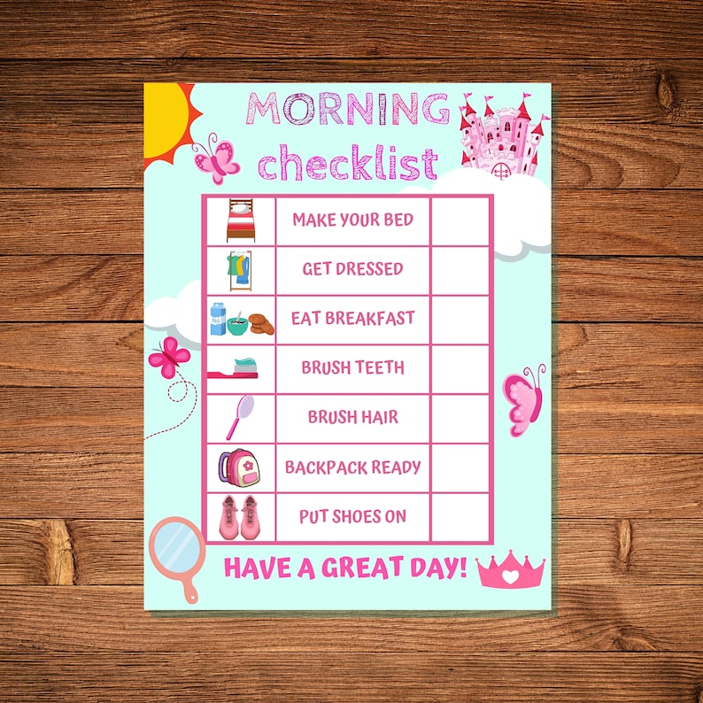 Kids Morning Checklist Princess Girls Chore Chart Kid Bedtime Routine ...