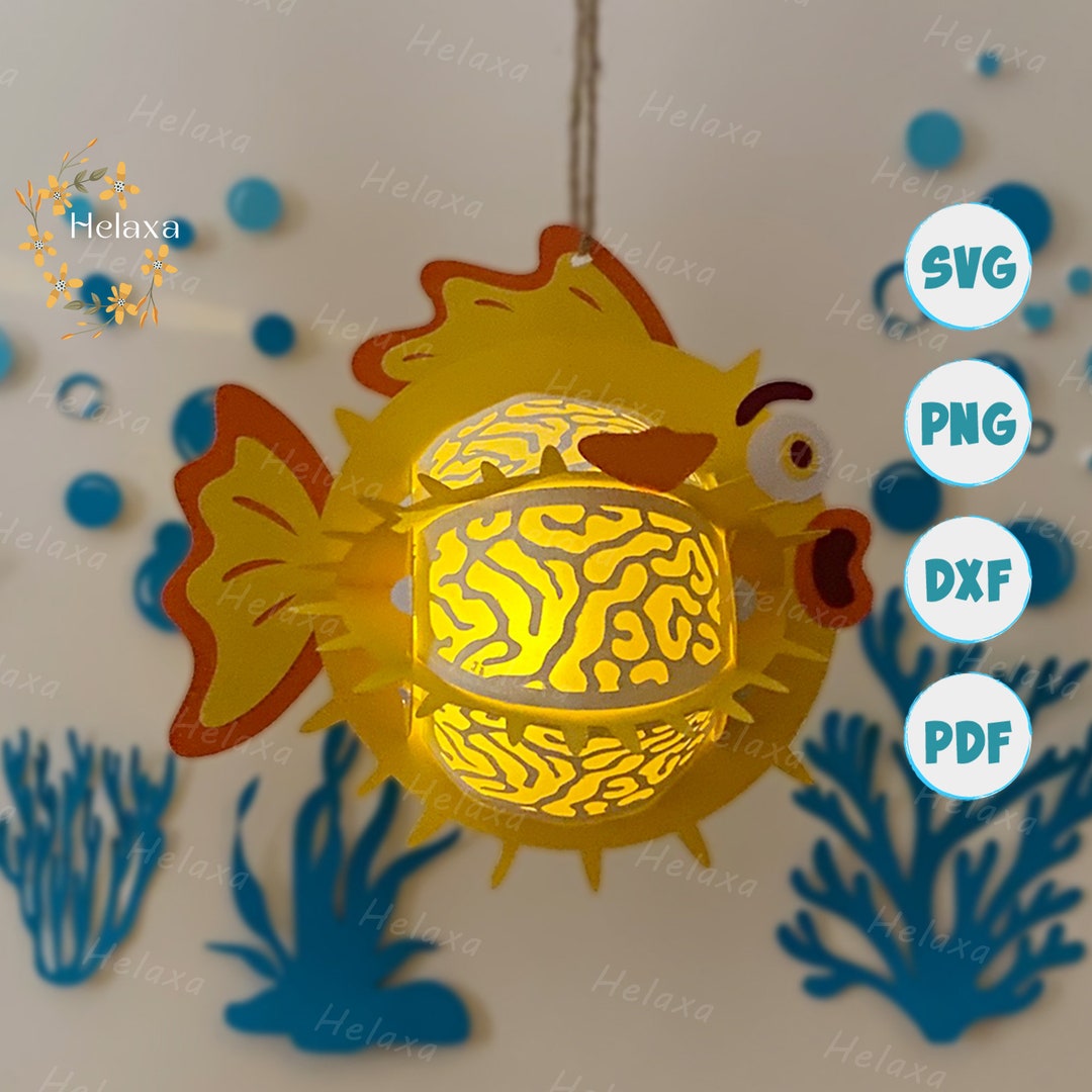 Lantern Puffer Fish Lamp Decoration, Lantern Puffer Fish Shadow Box SVG ...