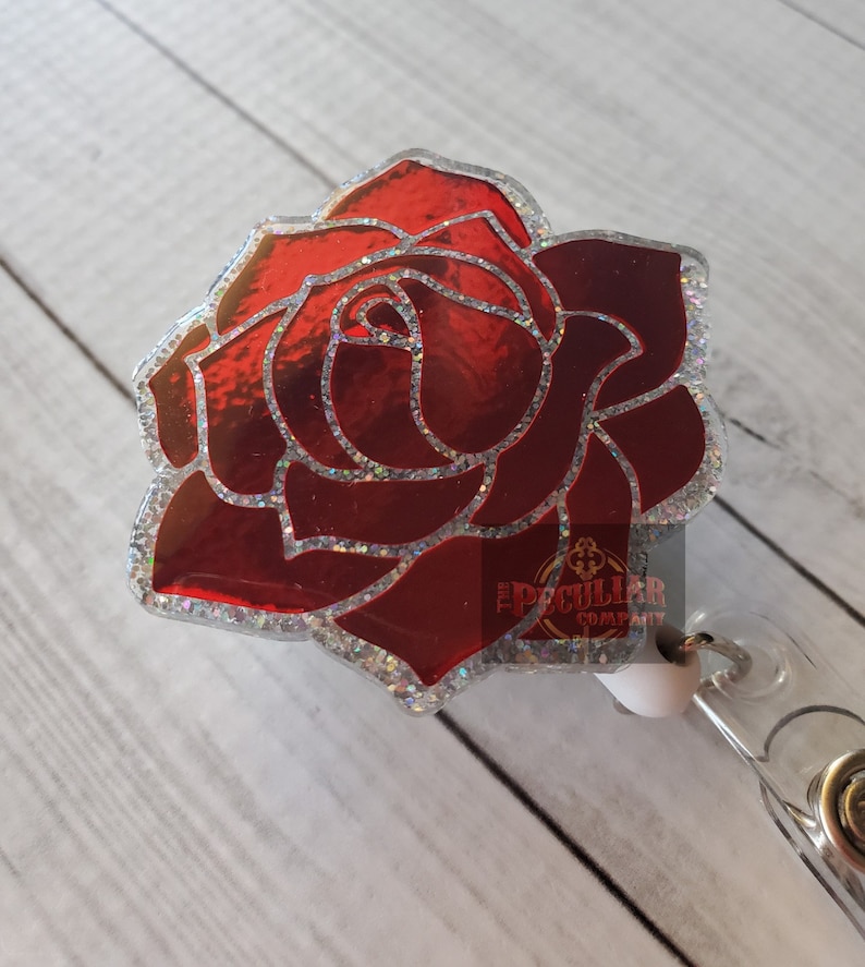Chrome Rose Badge Reel: Holographic Glitter Floral Badge Holder - Etsy