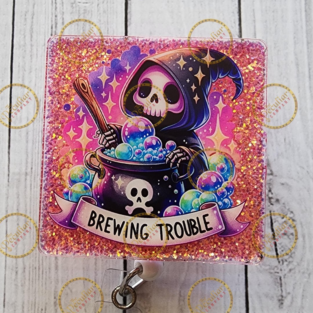 Brewing Trouble Skeleton Witch Badge Reel, Badge Holder, Cauldron ...