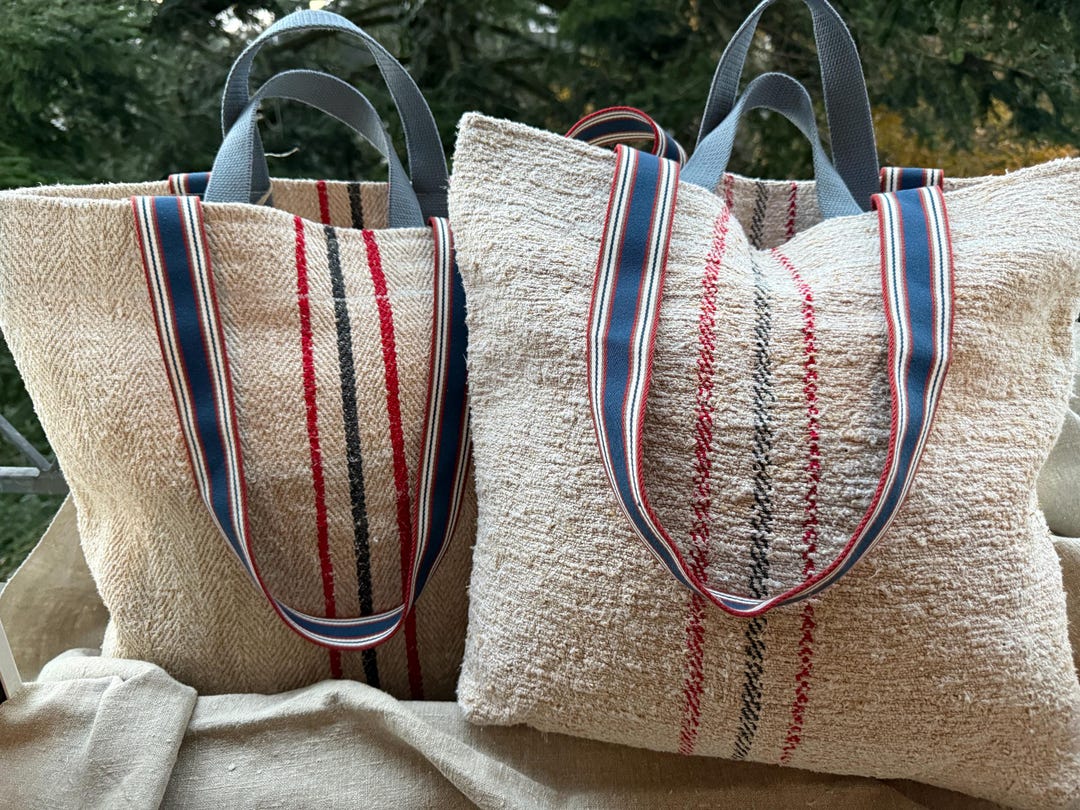 Rarity Large Vintage Shopper, Antique Grain Sack Linen, Grain Sack ...