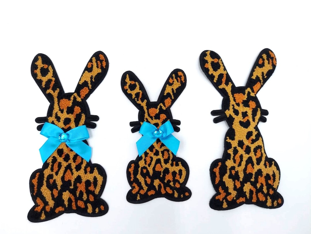 Leopard Print Rabbit With Blue Ribbon Bow Ties Chenille Patch - Ships ...