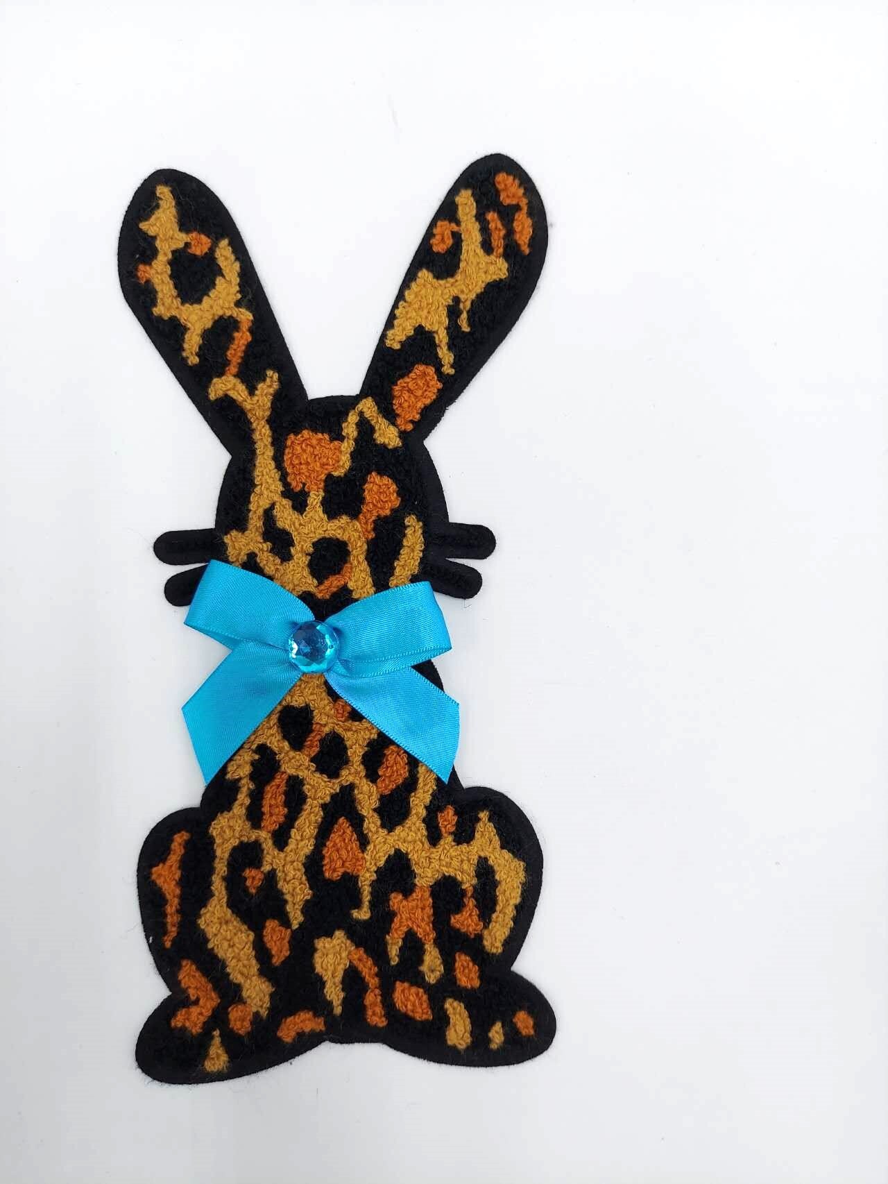 Leopard Print Rabbit With Blue Ribbon Bow Ties Chenille Patch - Ships ...