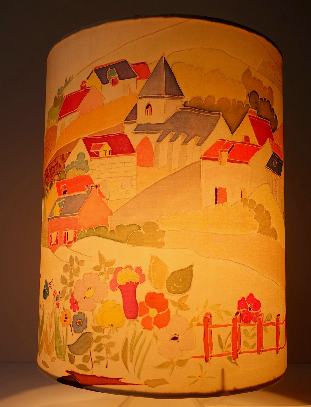 Hand Painted Lampshade Peaceful Countryside Village Scene French 1970s ...