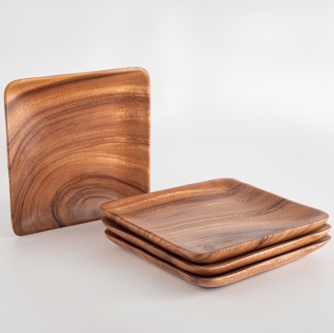 Contemporary Square Acacia Wood Plate (set of 4): 7" Handmade Modern ...
