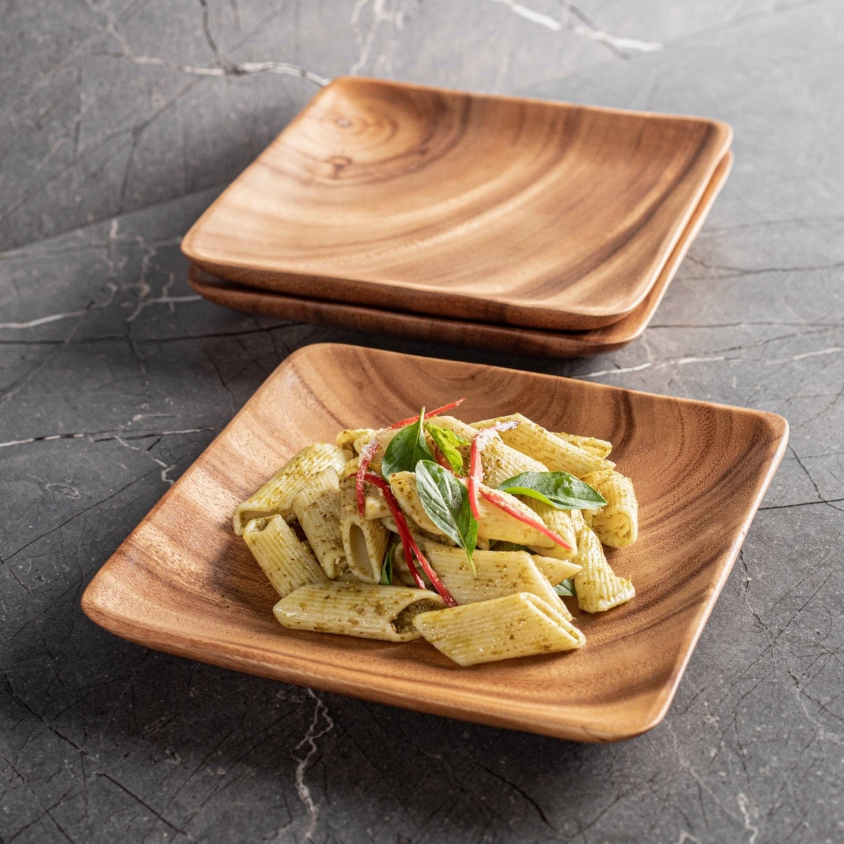 Contemporary Square Acacia Wood Plate (set of 4): 7" Handmade Modern ...