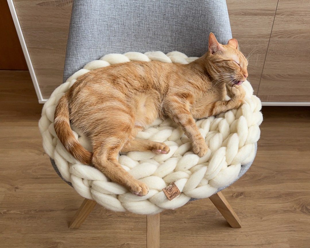 Natural Merino Wool Cat Bed, Washable Chunky Knit Pet Bed, Flat Eco ...