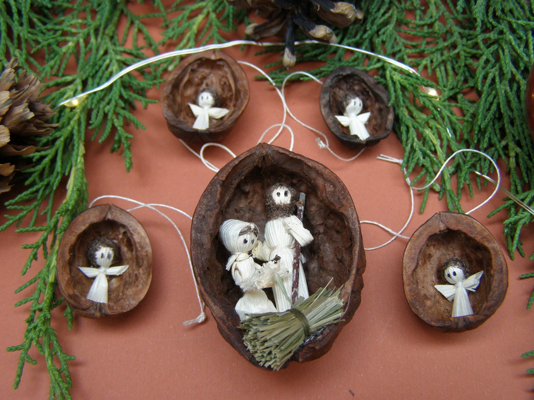 Miniature Nativity Scene and Angel Ornaments Gift Set. Natural Corn ...