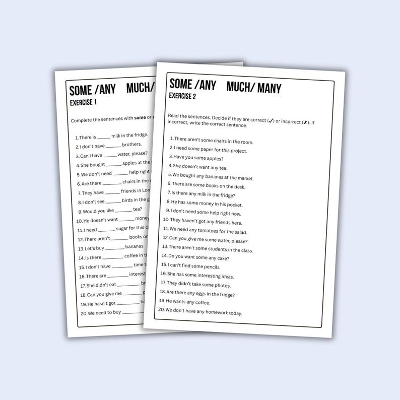 Quantifiers ESL Grammar Worksheets: Some, Any, Much, Many (PDF Download ...