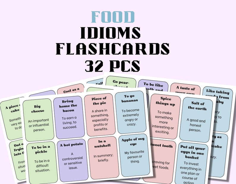 FOOD Idioms Flashcards to Study Interesting English Idioms 32 Pcs - Etsy