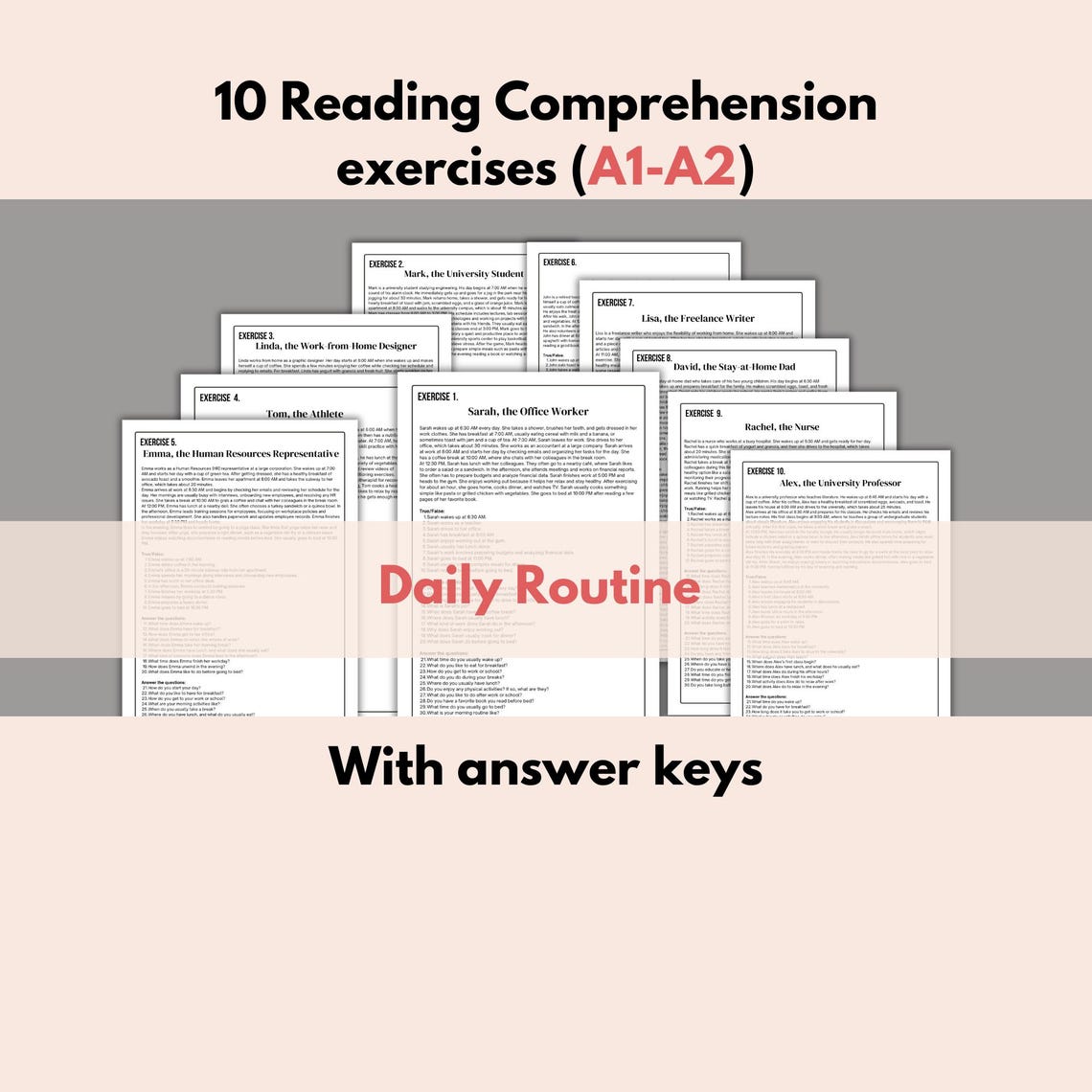 20pcs Reading Comprehension Exercises for A1-A2 Level Learners ESL ...