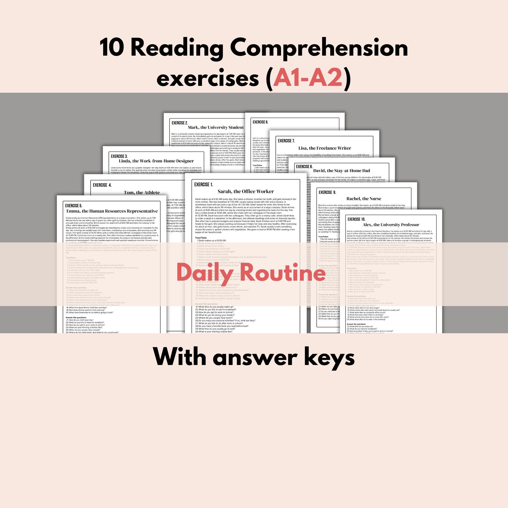 20pcs Reading Comprehension Exercises for A1-A2 Level Learners ESL ...