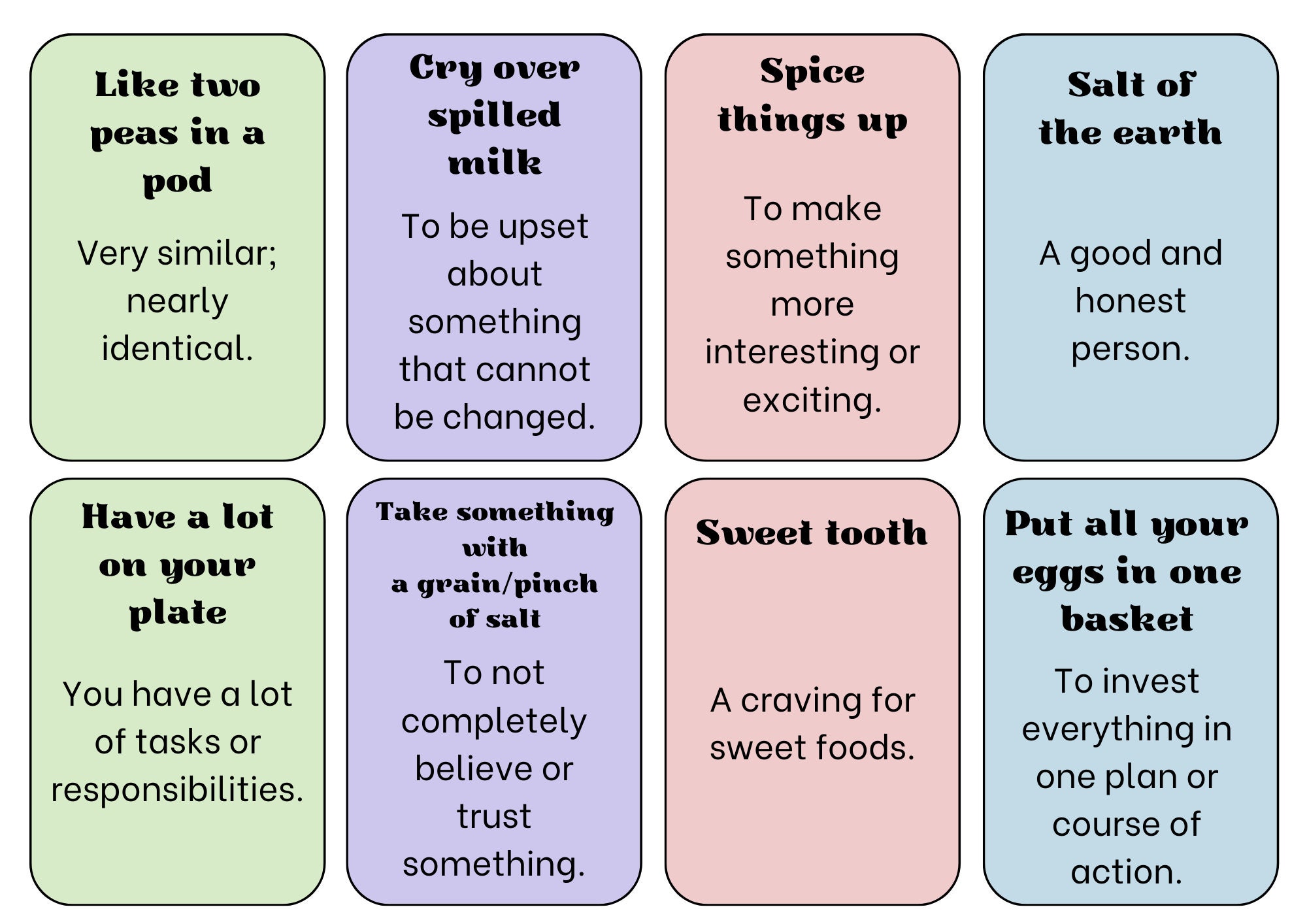 FOOD Idioms Flashcards to Study Interesting English Idioms 32 Pcs - Etsy