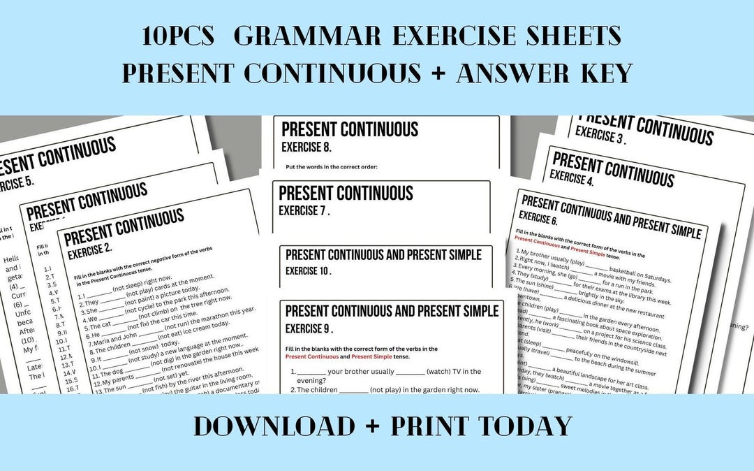 10 Pcs ESL Grammar Exercises Worksheets for Practicing Present ...