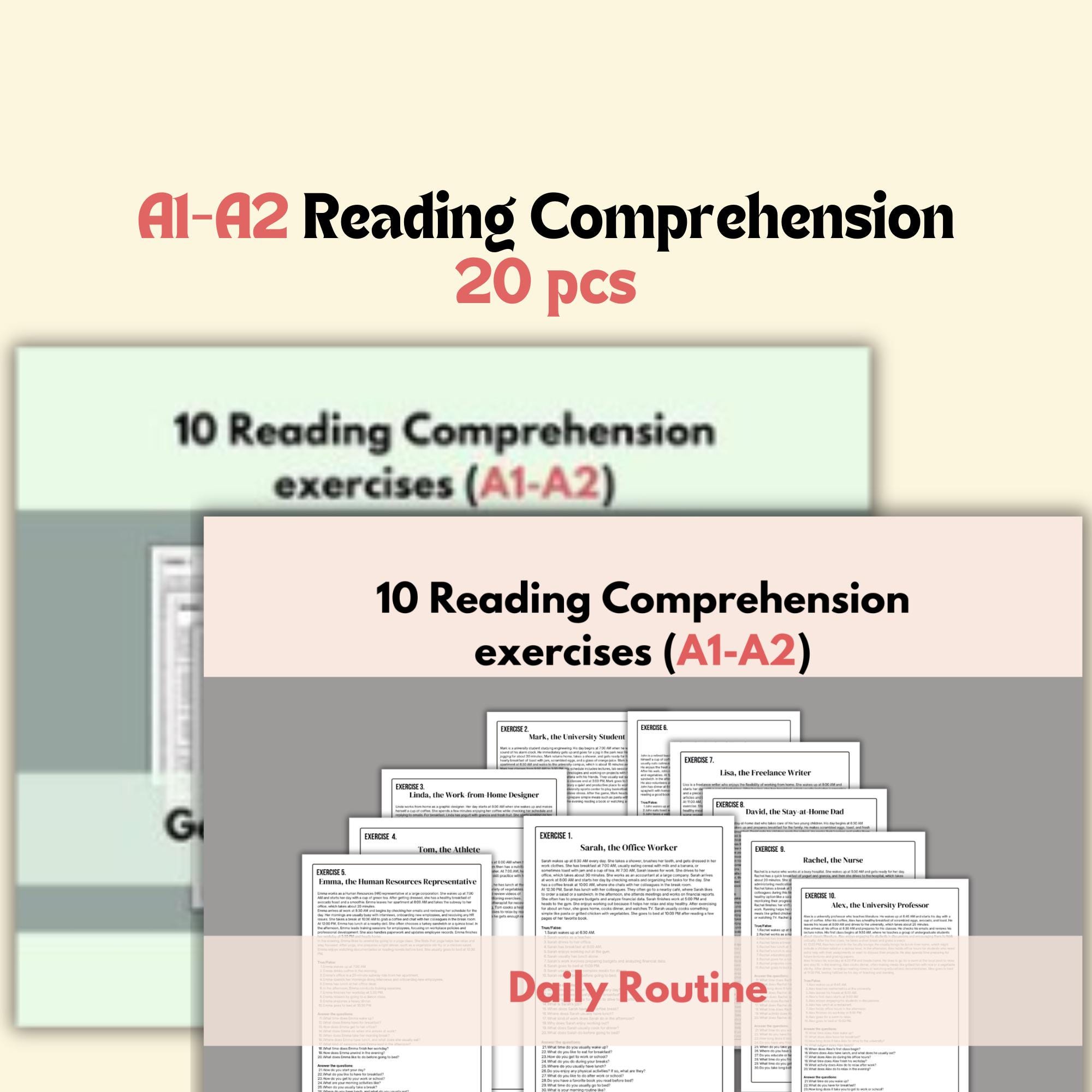 20pcs Reading Comprehension Exercises for A1-A2 Level Learners ESL ...